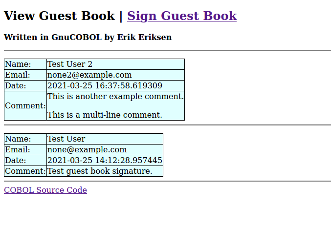 GitHub - shamrice/COBOL-Guest-Book-Webapp: A simple guest book ... GitHub - shamrice/COBOL-Guest-Book-Webapp: A simple guest book ...
