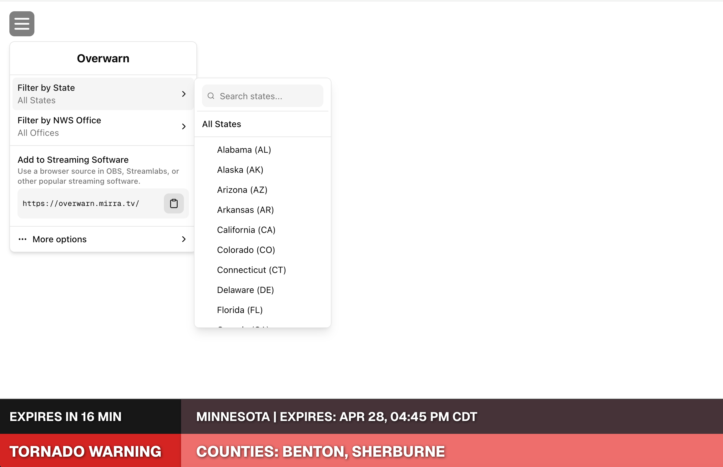 GitHub - Brycero/overwarn: Real-time weather alert live stream overlay.