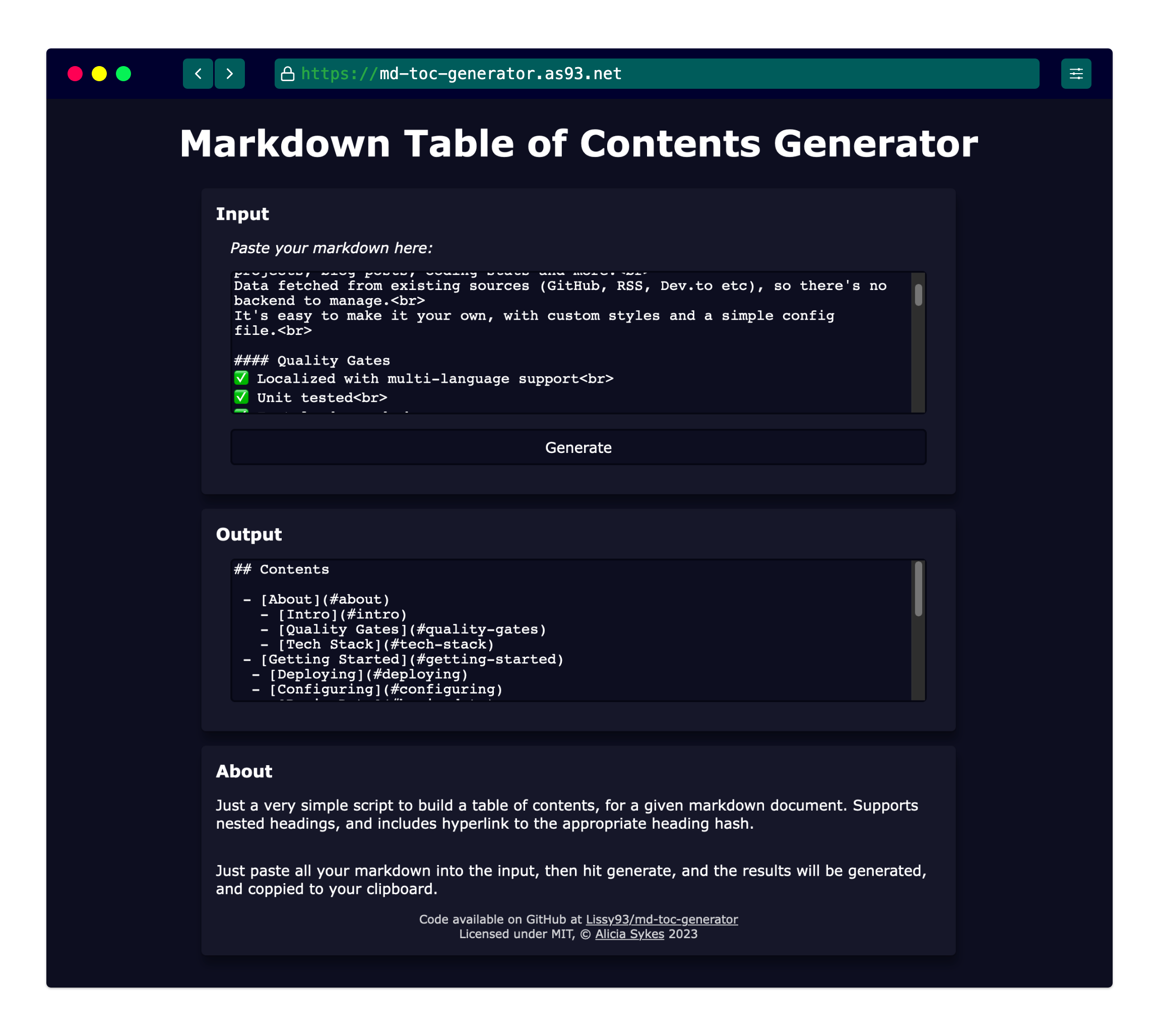 GitHub - Lissy93/md-toc-generator: 📒 Quick script to generate a table of contents from a ...