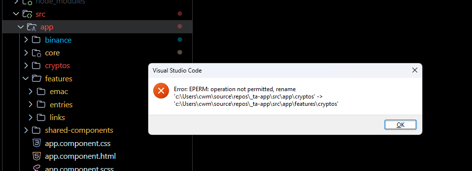 Modifying folders not created in the workspace sometimes causes Error: EPERM: operation not ...