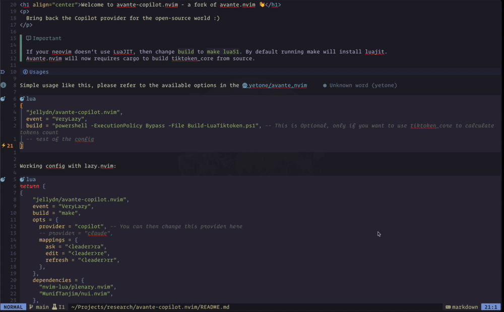 GitHub - jellydn/avante-copilot.nvim: Use your Neovim like using Cursor ... GitHub - jellydn/avante-copilot.nvim: Use your Neovim like using Cursor ...
