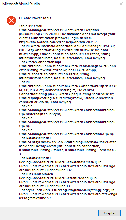 Table list error: Oracle.ManagedDataAccess.Client.OracleException (0x800004005): ORA-28040: The ...