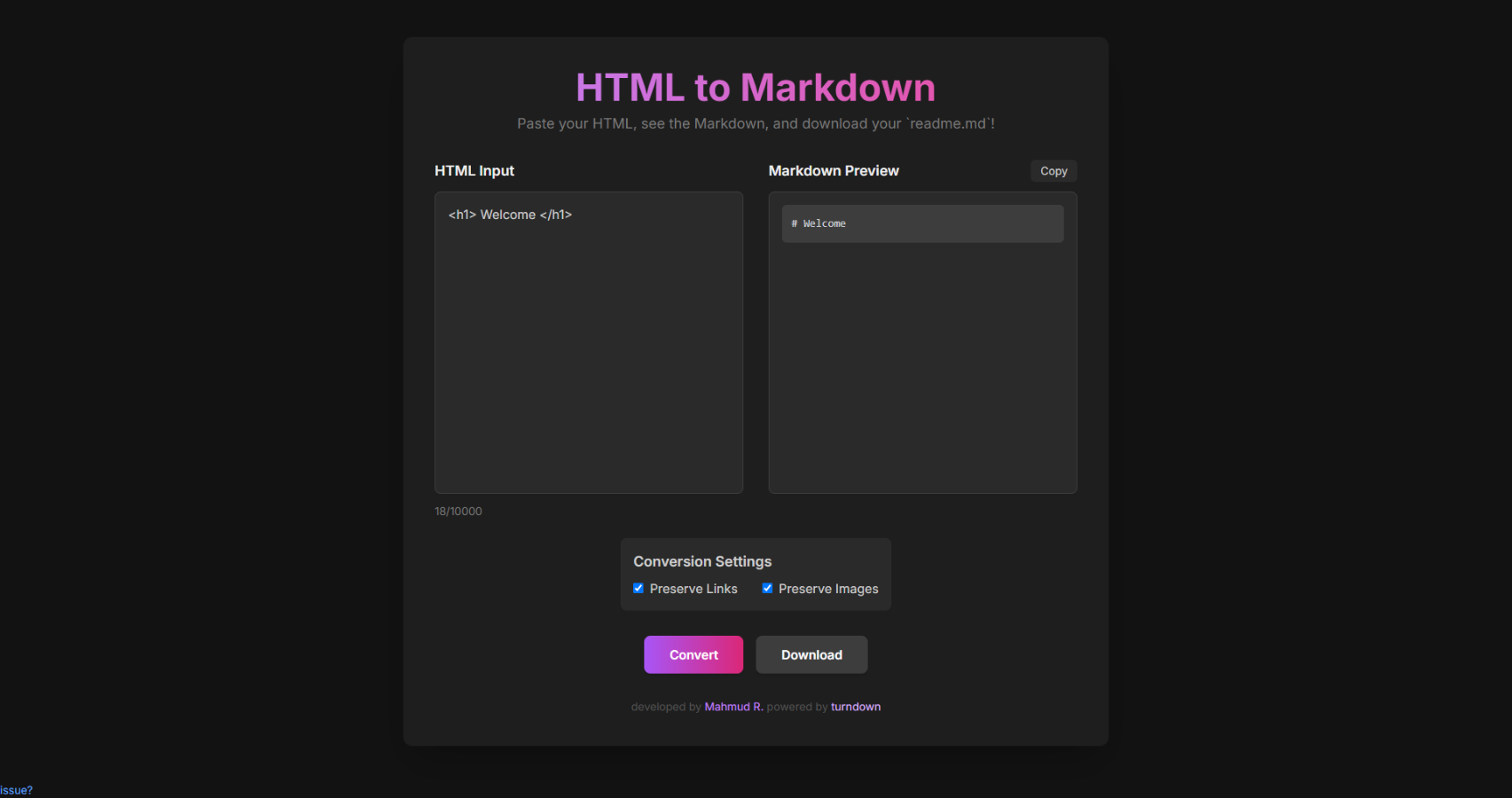 GitHub - mahmud-r-farhan/HTML2MD: HTML2MD is a simple and powerful web app that converts your ...