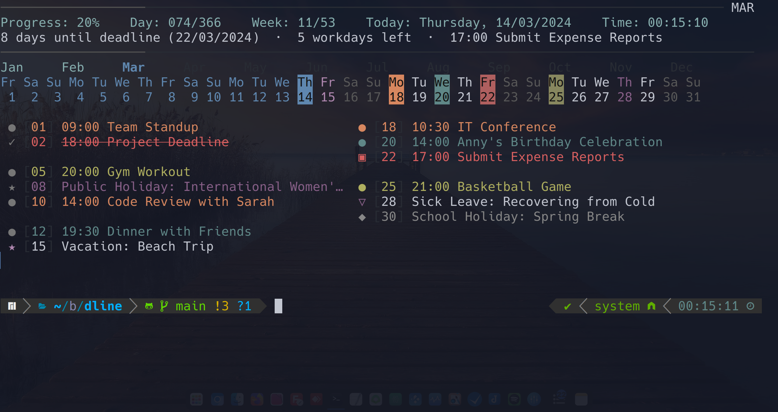 GitHub - jazz-it/dline: A sleek and simple calendar for terminal enthusiasts.