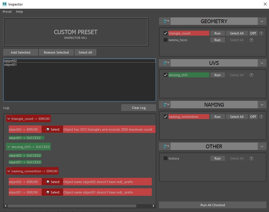 GitHub - GQ21/Inspector: Maya sanity checker with flexible preset system