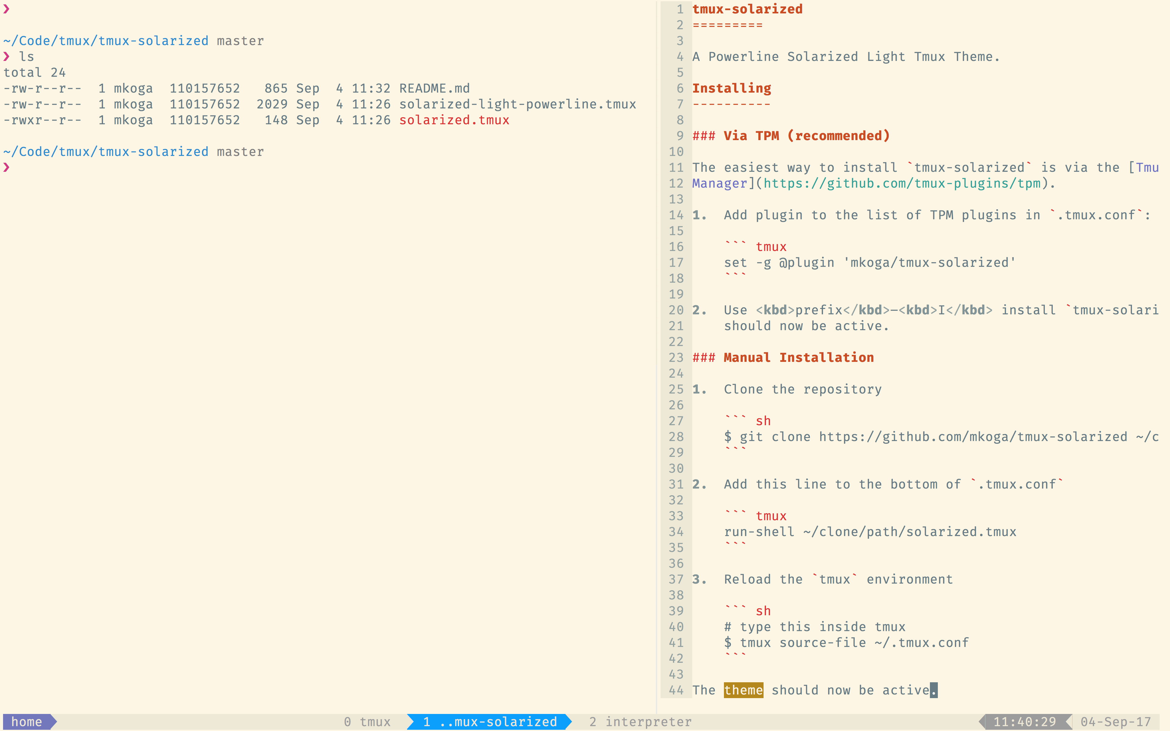 GitHub - mkoga/tmux-solarized: A Solarized Light Tmux Theme.