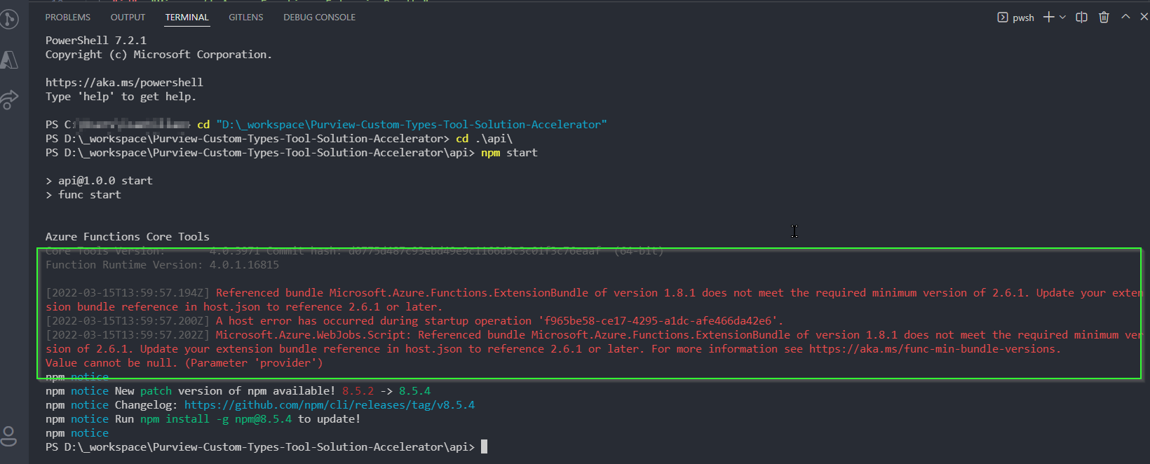 Referenced bundle Microsoft.Azure.Functions.ExtensionBundle of version 1.8.1 does not meet the ...