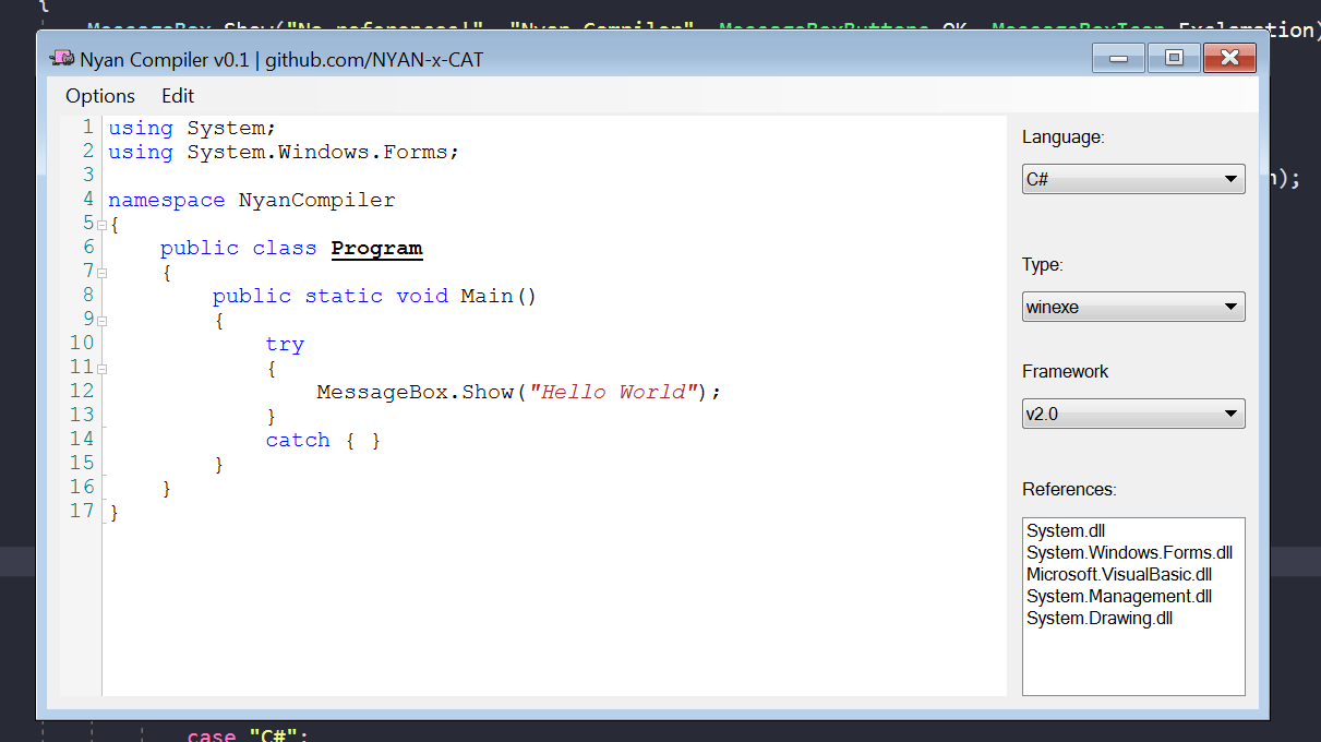GitHub - NYAN-x-CAT/Nyan-Compiler: a basic IDE compiler for C# and VB.NET using codedom