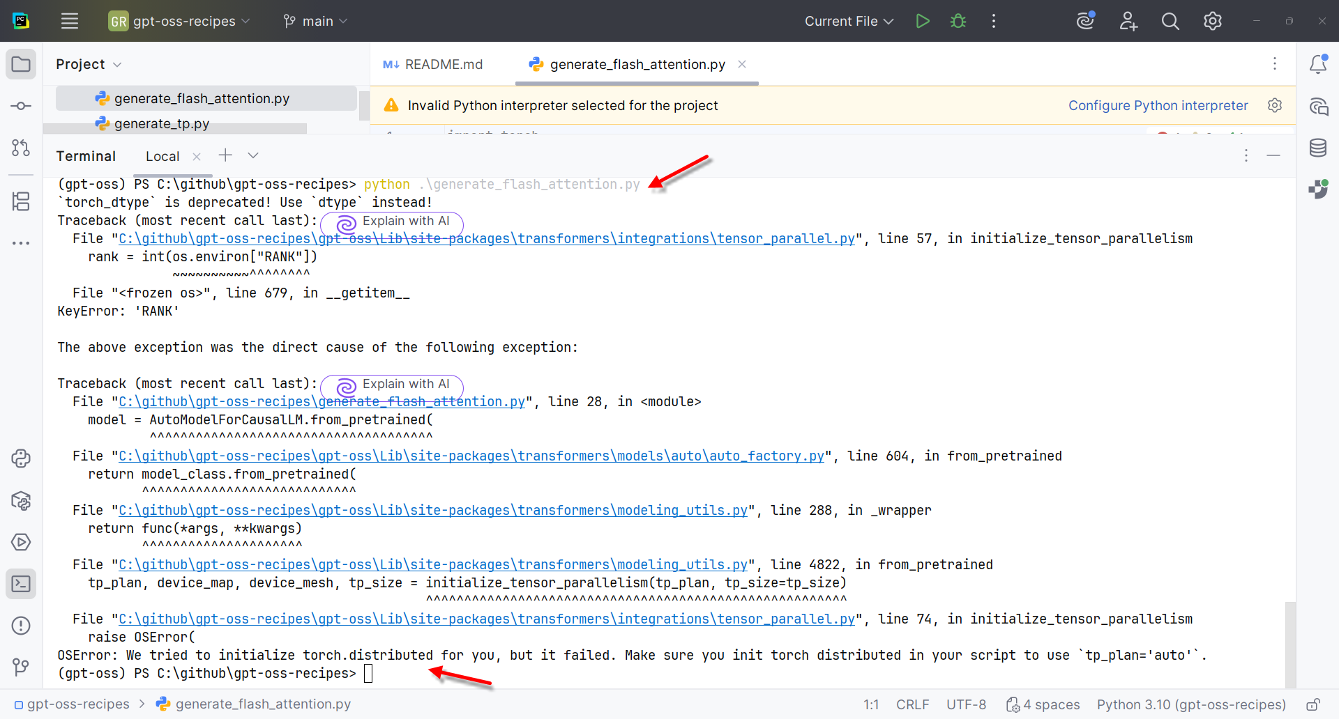 OSError: We tried to initialize torch.distributed for you, but it failed. Make sure you init ...
