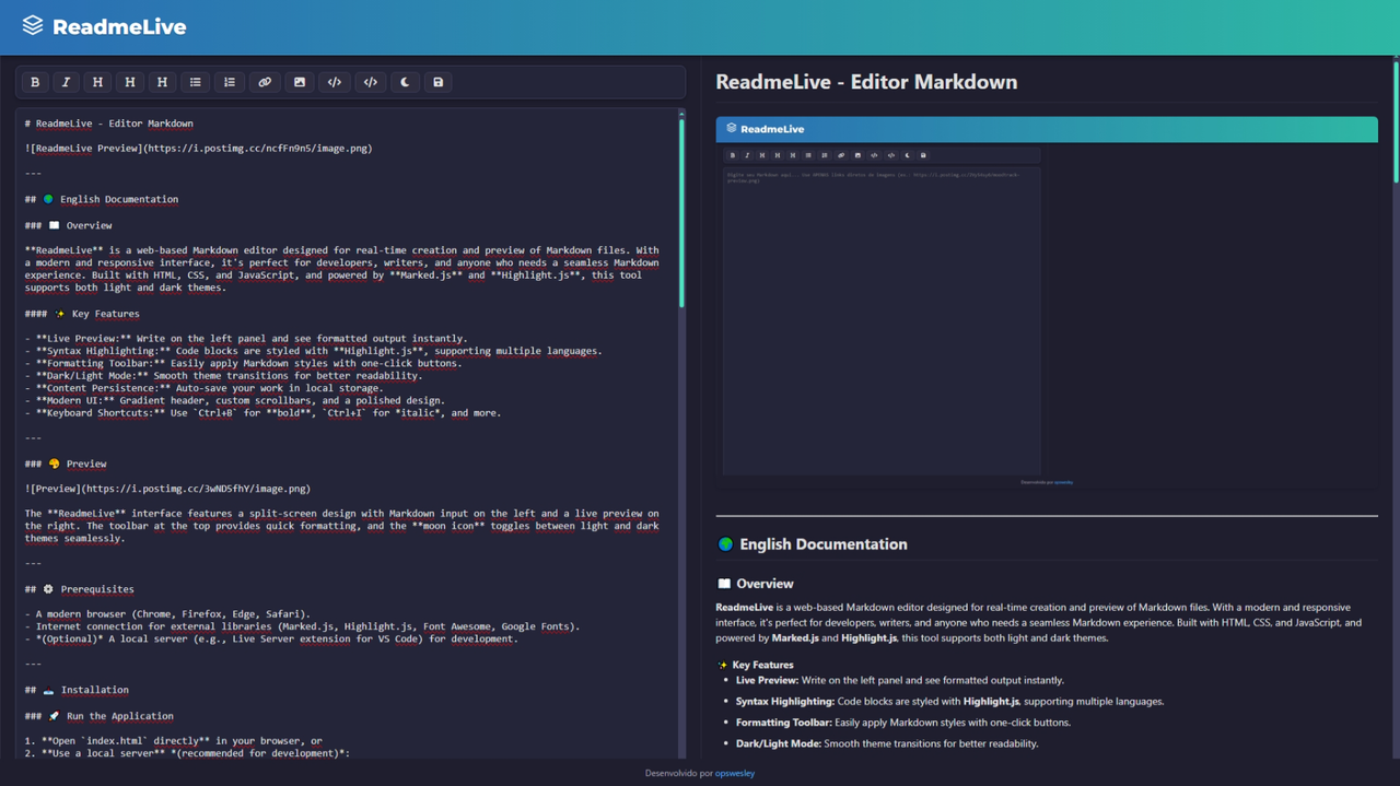 GitHub - opswesley/ReadmeLive: A modern web-based Markdown editor with ...