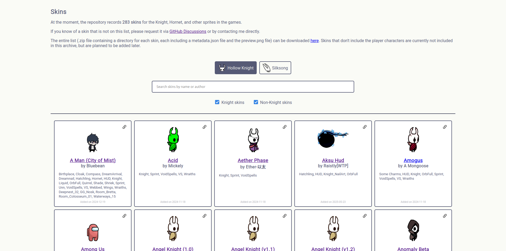 GitHub - Tadeas-Jun/hkskins: A website listing skins for the game Hollow Knight.