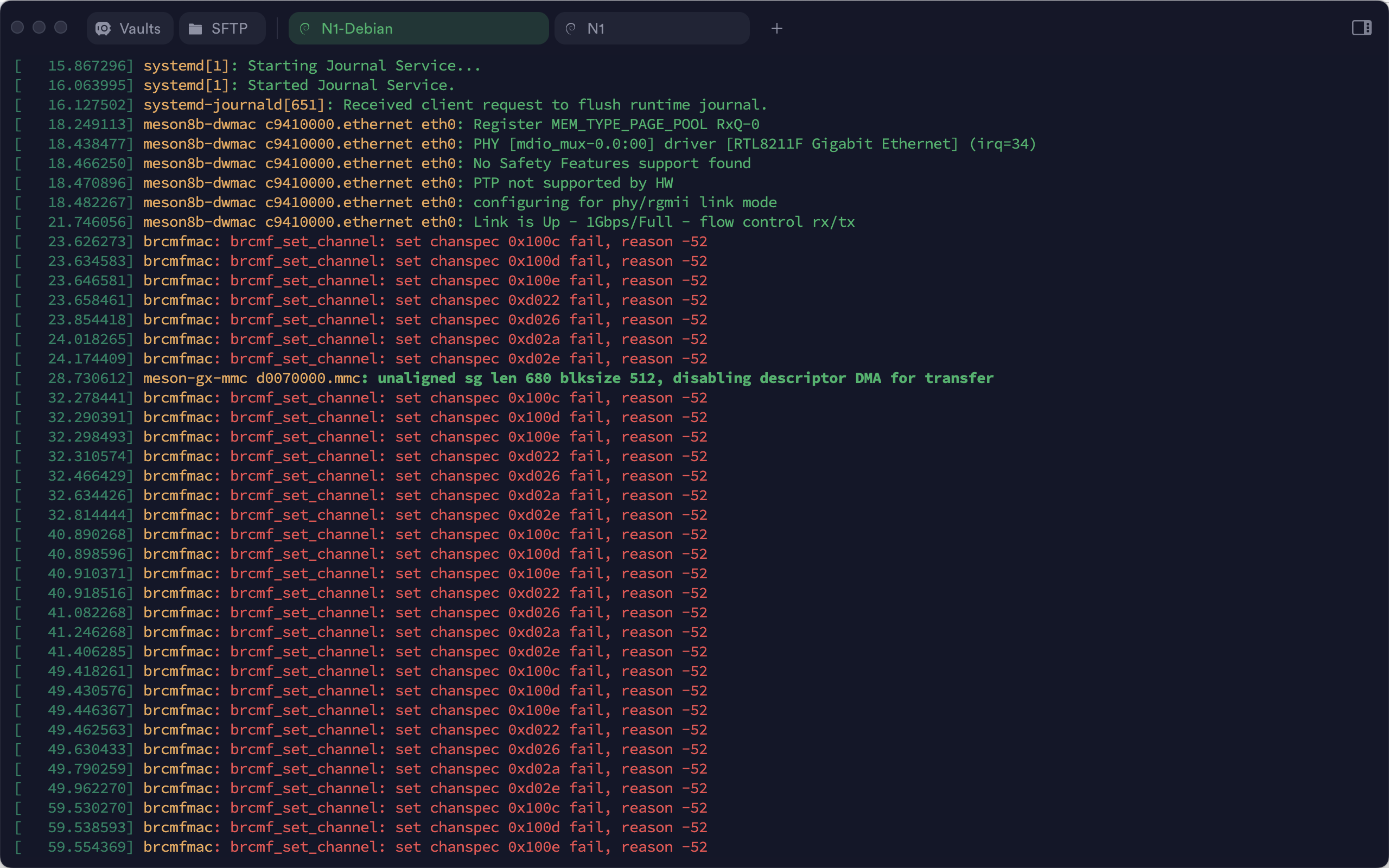 N1 控制台一直报 brcmfmac: brcmf_set_channel: set chanspec 0x100c fail, reason -52 · Issue #2454 ...