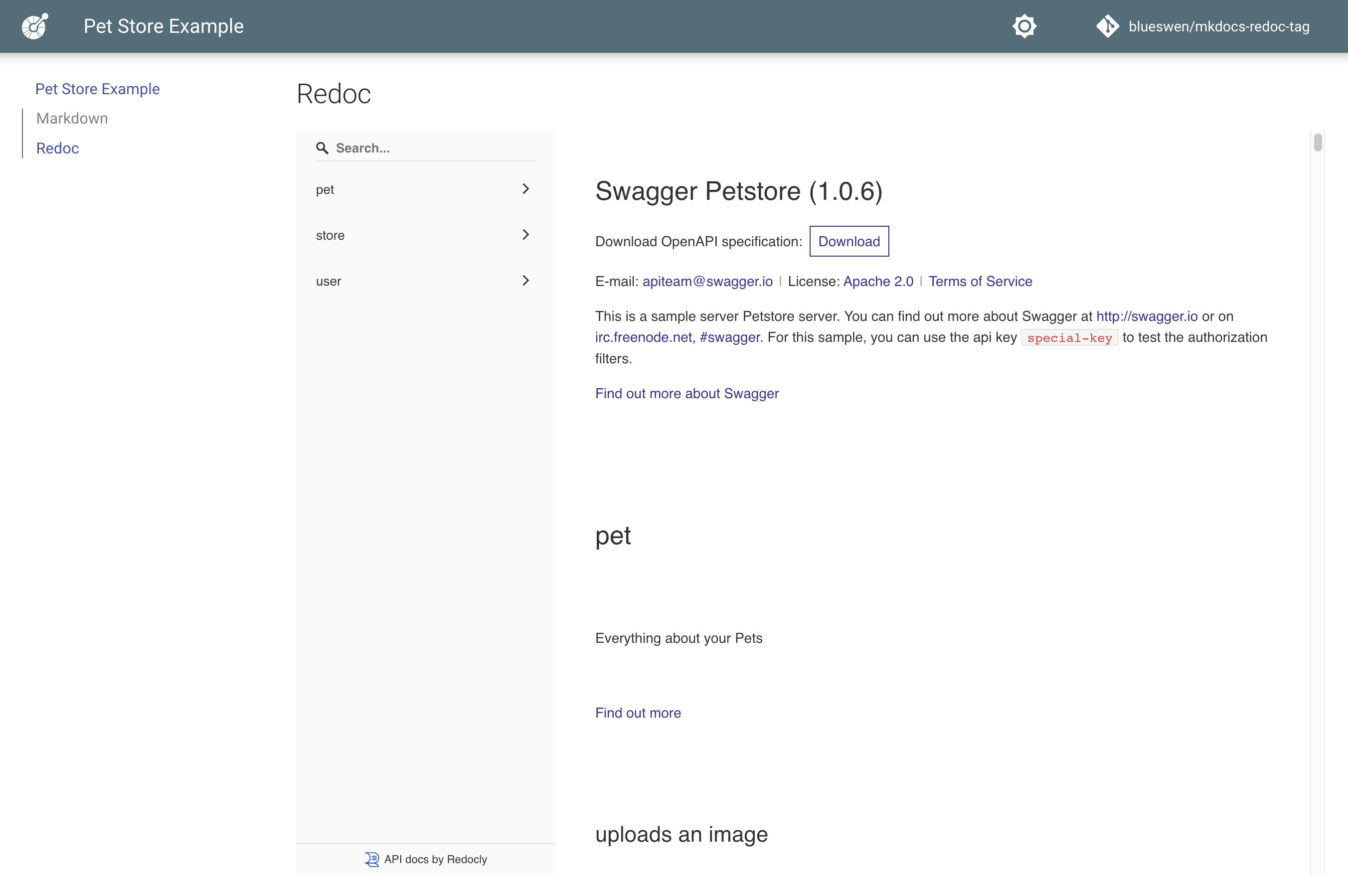 GitHub - blueswen/mkdocs-redoc-tag: A MkDocs plugin supports adding Redoc to the page.