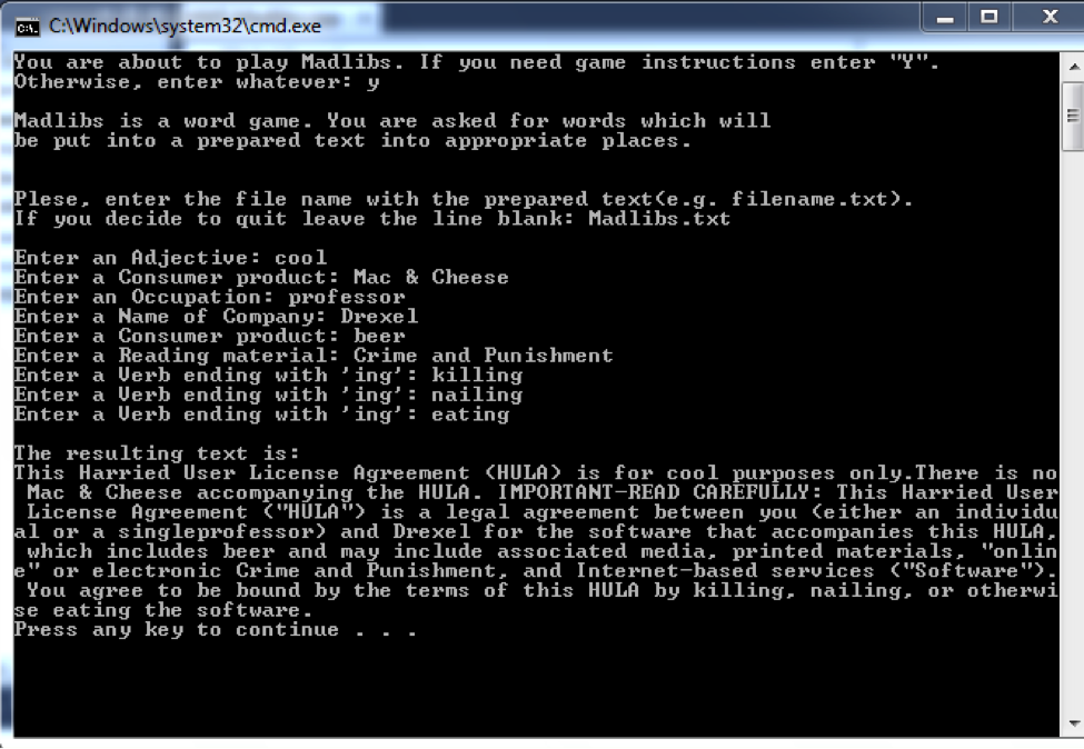 GitHub - KobaKhit/Madlibs: Game of Madlibs in C++