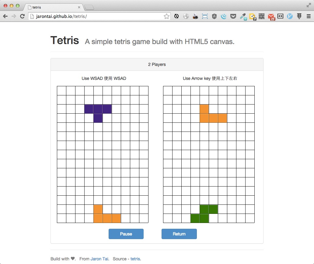 GitHub - jarontai/tetris: Html5 tetris game, supports two players. 支持本地双人对战的html5俄罗斯方块游戏.