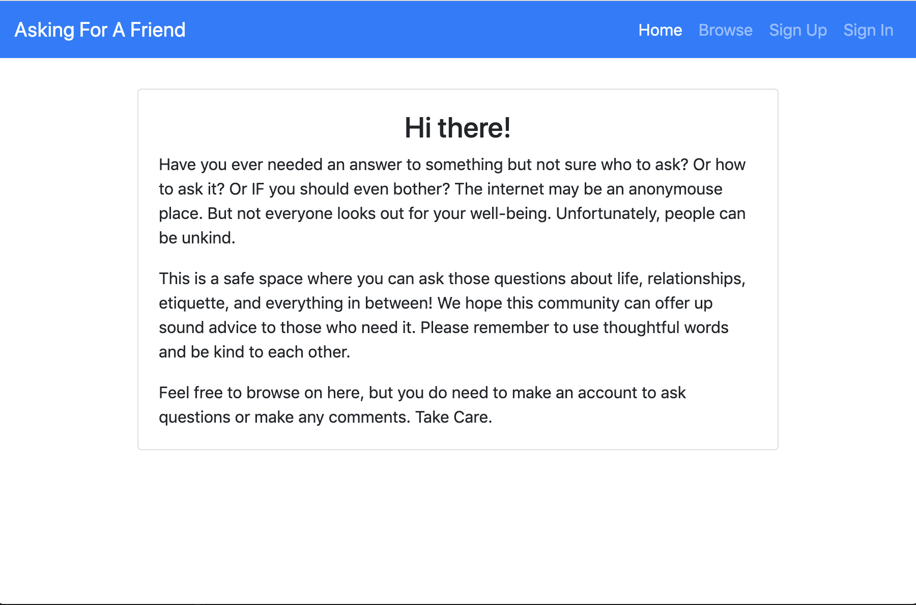 GitHub - yingsongsana/asking-for-a-friend-client: Full-stack capstone project primarily created ...