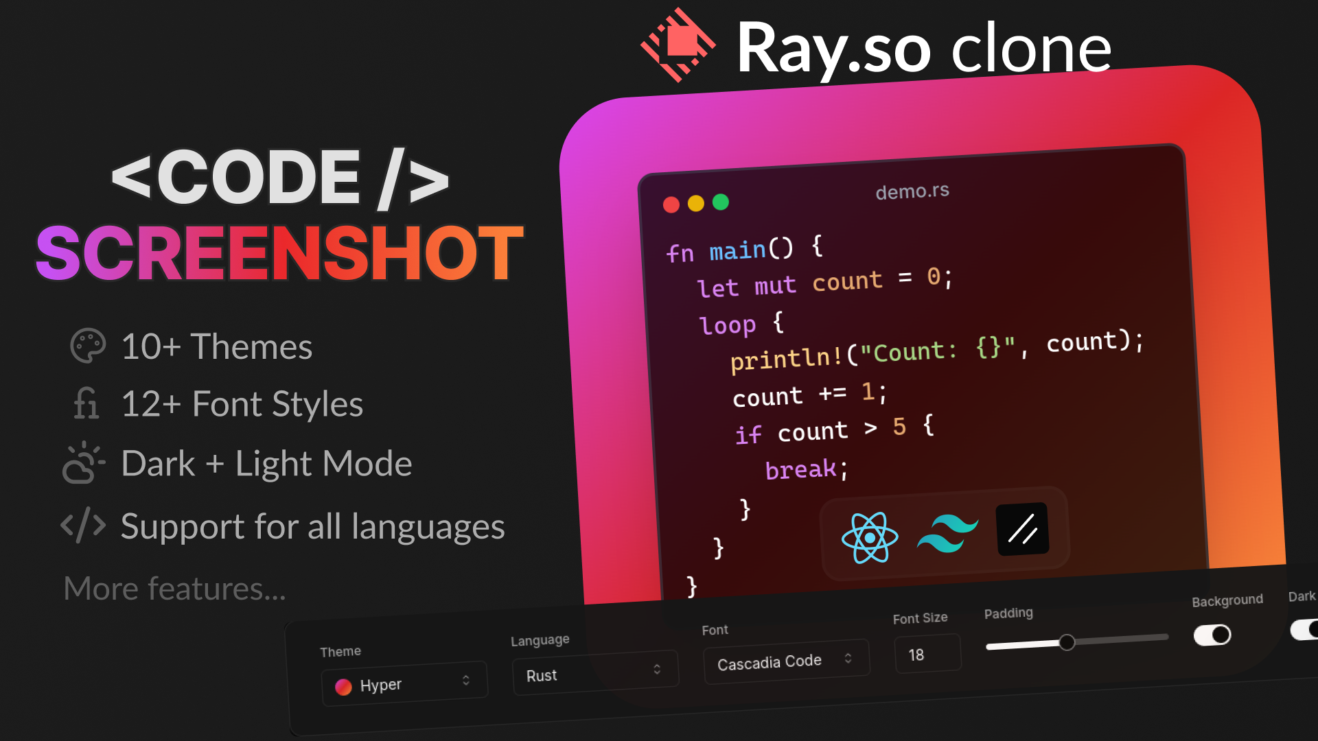 GitHub - nimone/code-screeshot: A Ray.so clone project using React with ...