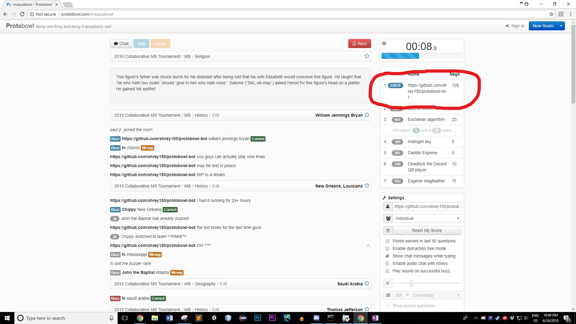 GitHub - shrey150/protobowl-bot: Trolling 6th graders has never been more fun xD