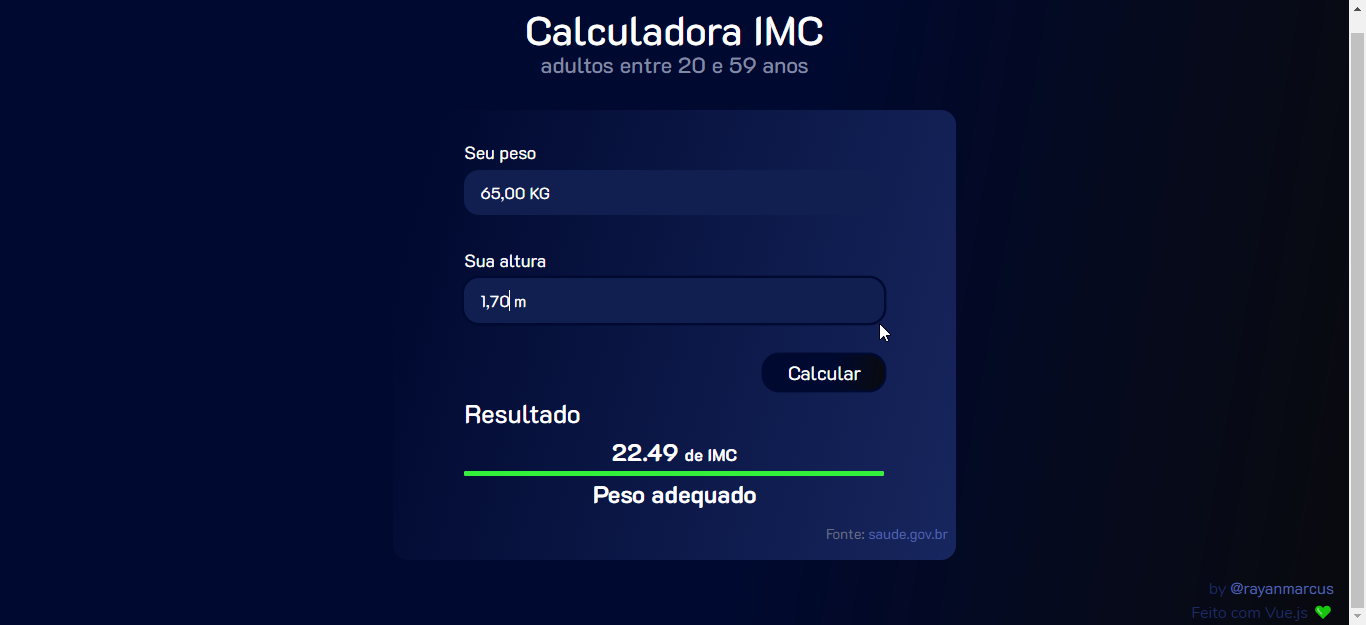 GitHub - rayanmarcus/calculadora-imc: Calculadora IMC feita com Vue.js 💚